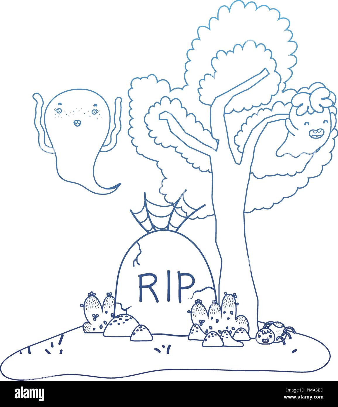 degraded outline funny ghost with rip stone and spider Stock Vector ...