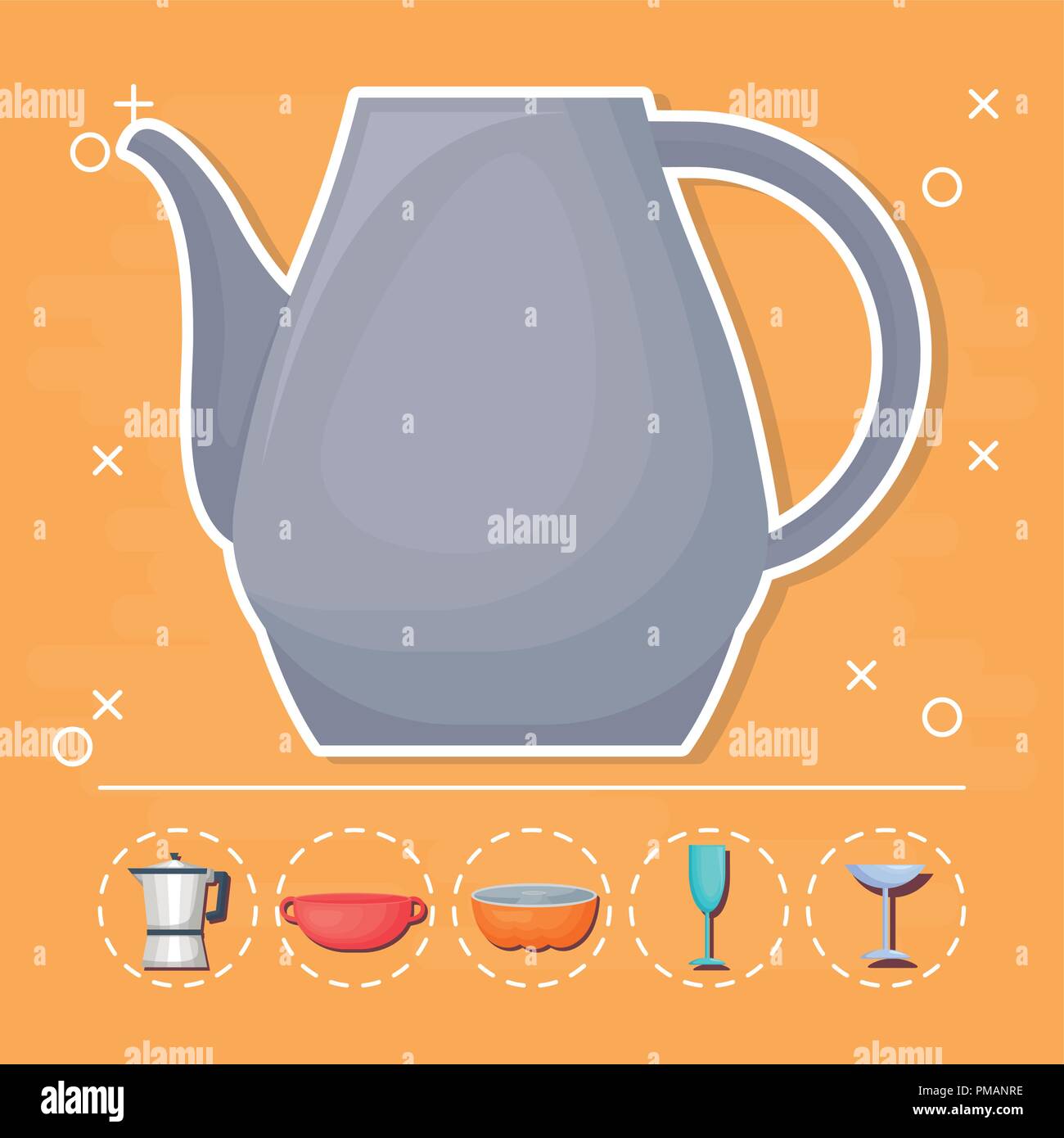 pitcher and cooking utensils around over yellow background, colorful ...