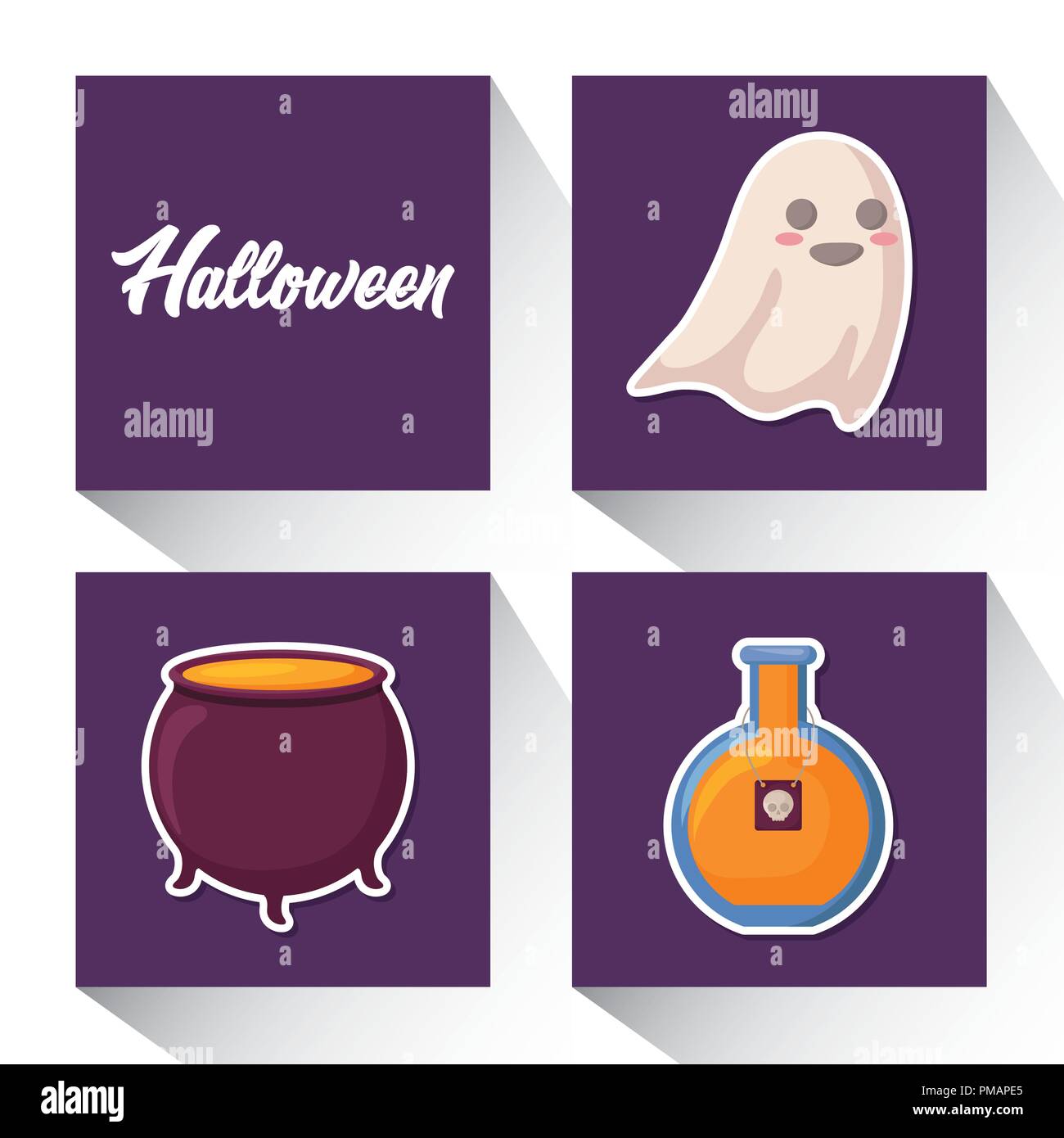 halloween celebration icon set over purple squares and white background ...