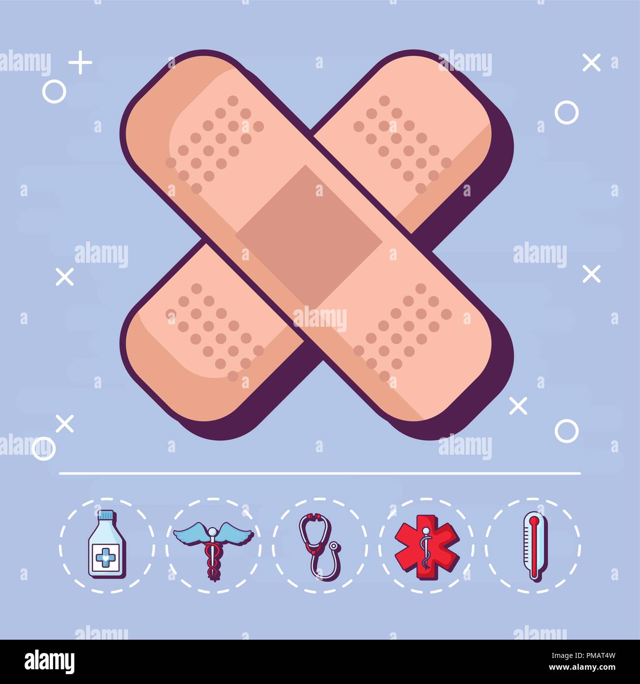 bandages and medical related icons over purple background, vector ...