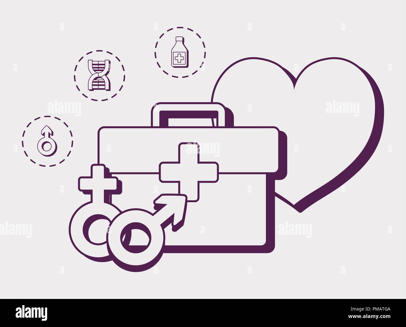 first aid kit and heart with medical related icons around over white ...