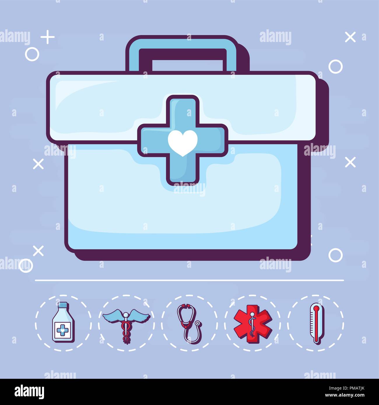 first aid kit and medical related icons around over blue background ...