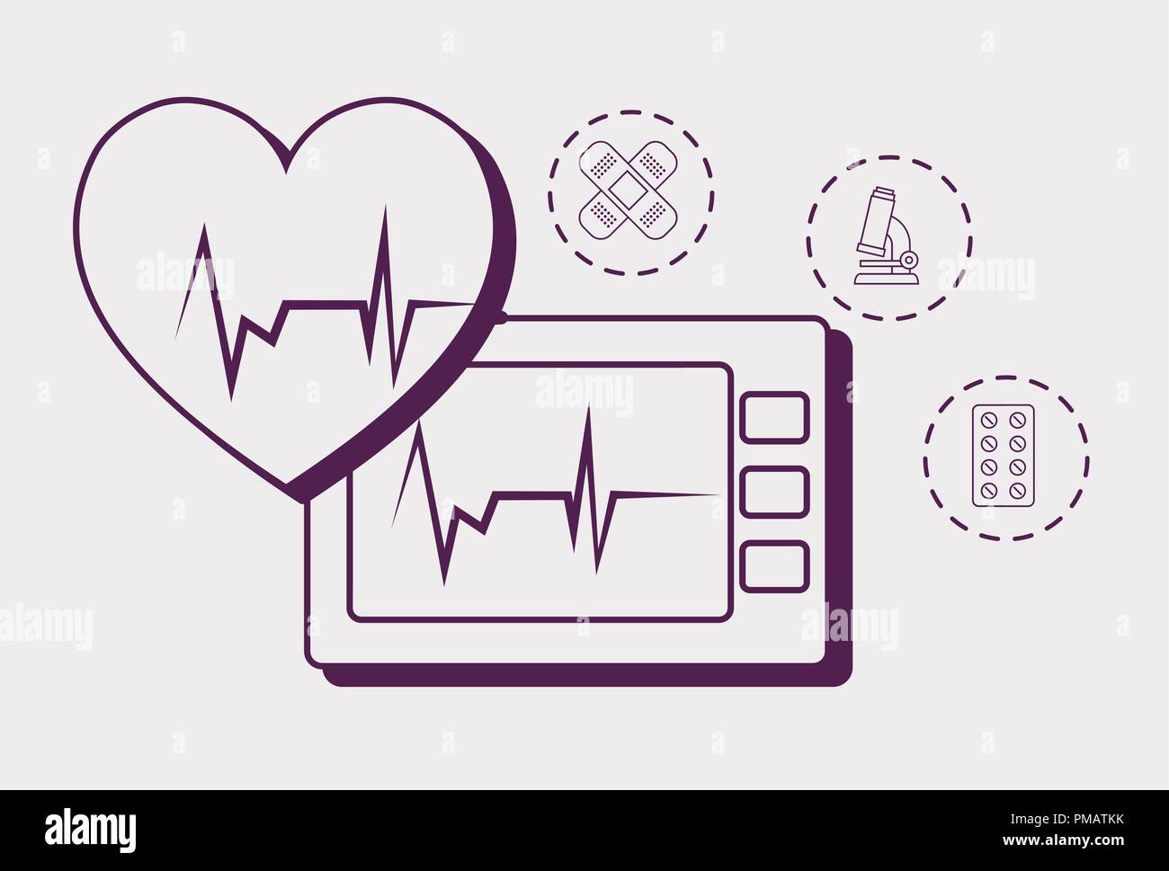 cardiology heart and monitor with medical related icons over background ...