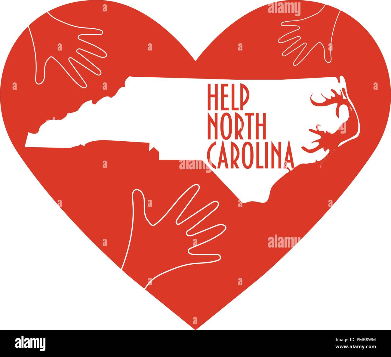 Vector Illustration: helping hands, heart, North Carolina map. Support ...