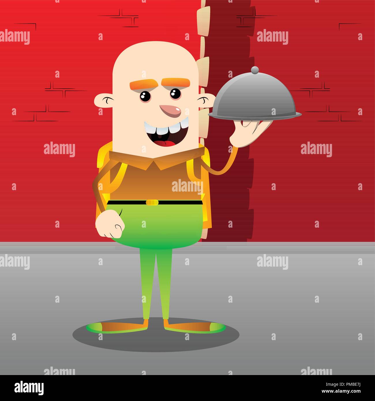 Schoolboy holding silver cloche in hand. Vector cartoon character ...