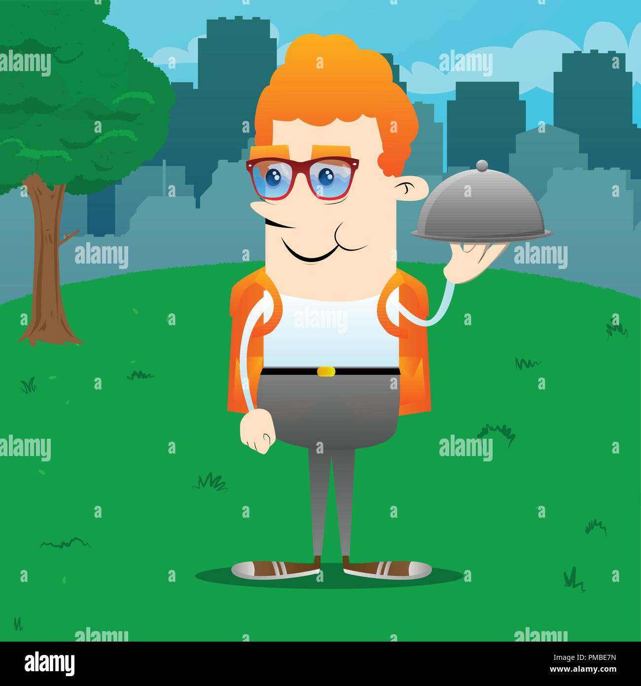 Schoolboy holding silver cloche in hand. Vector cartoon character ...