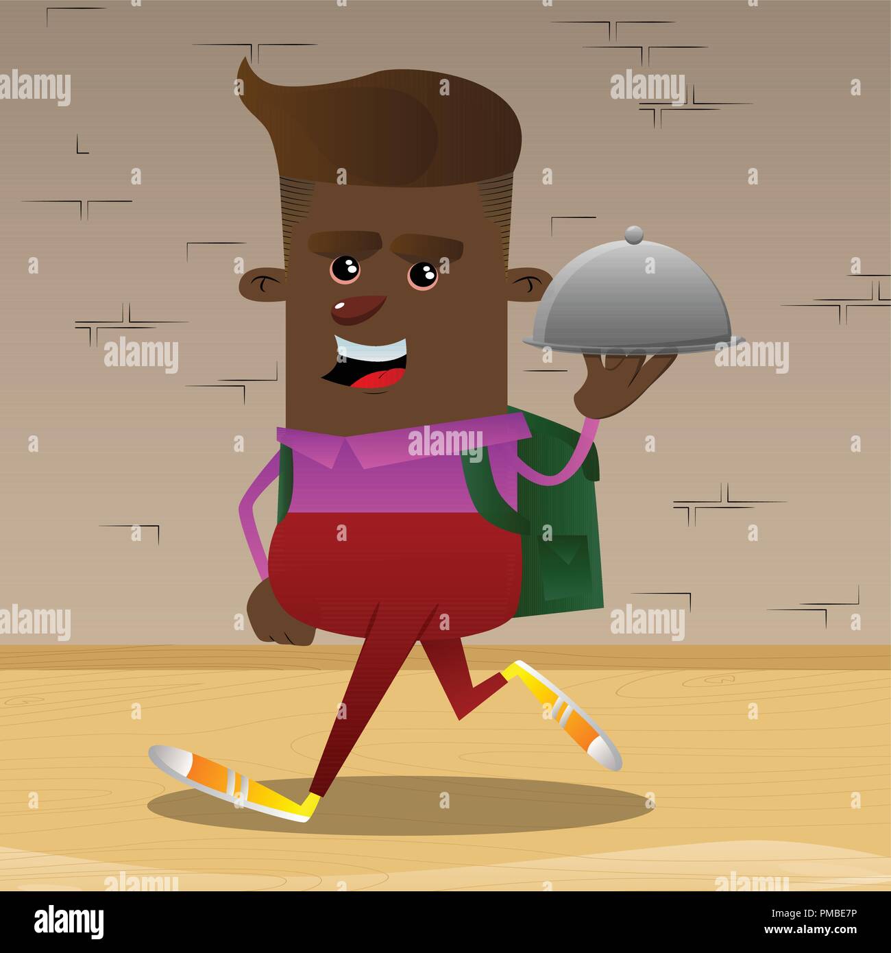Schoolboy holding silver cloche in hand. Vector cartoon character ...