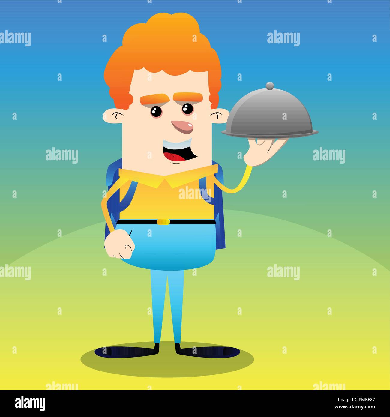 Schoolboy holding silver cloche in hand. Vector cartoon character ...