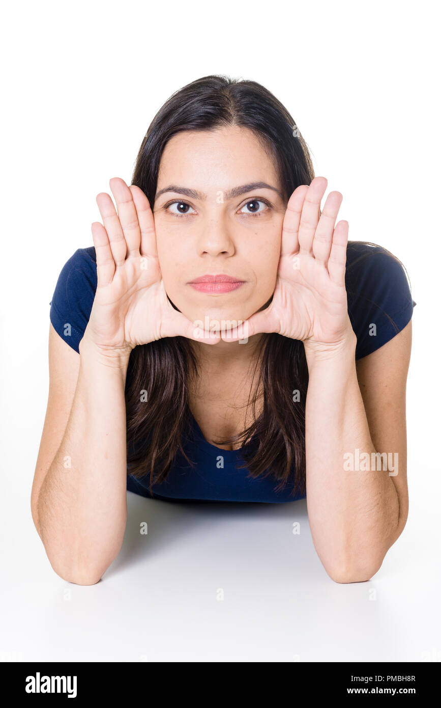 Young woman frame her face with palms Stock Photo - Alamy Young woman frame her face with palms Stock Photo - Alamy