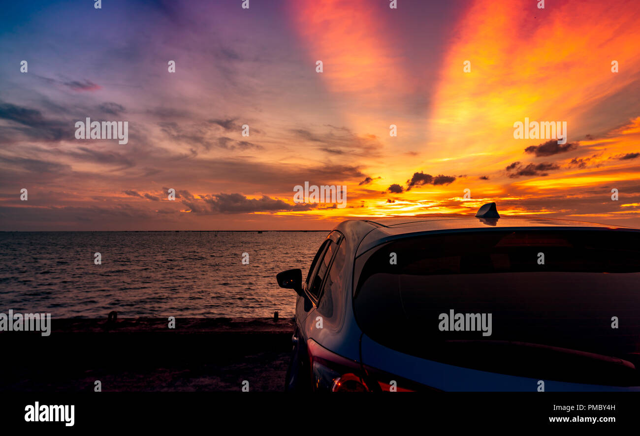 Rear view blue compact SUV car with sport and modern design parked on ...