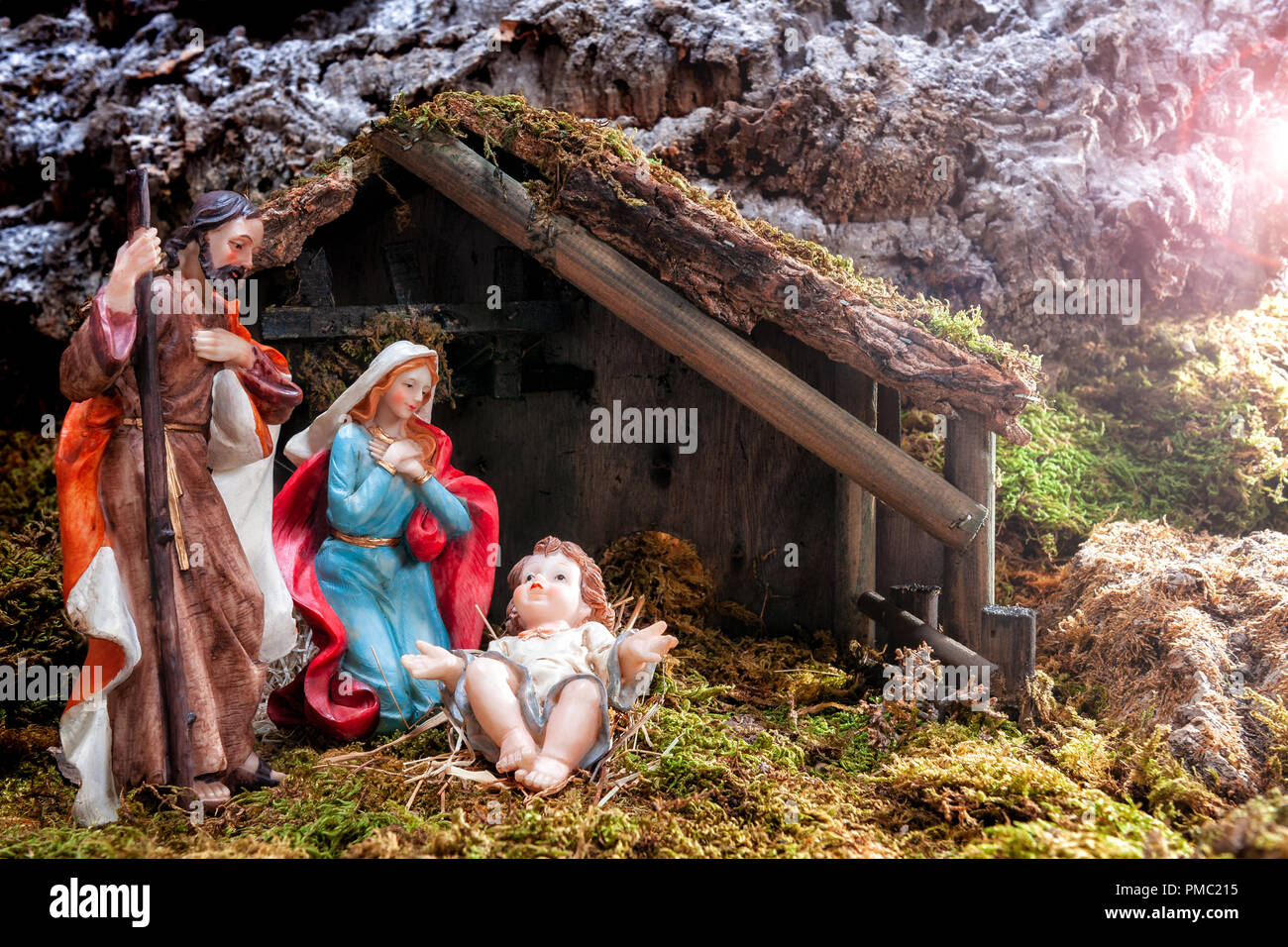Close-up of the Christmas Nativity scene. Hut with baby Jesus in the ...