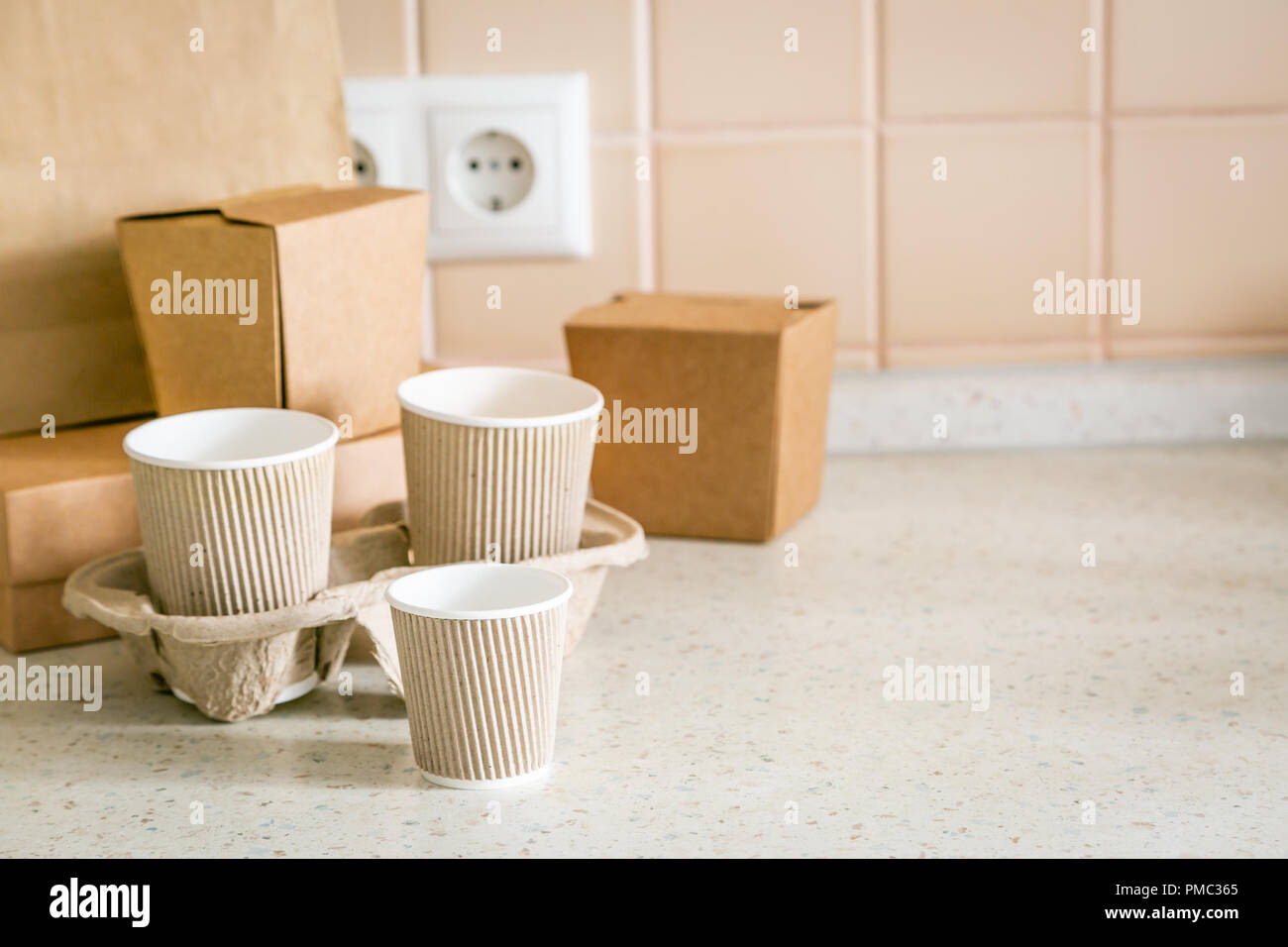 Food and drink craft packaging set on kitchen background Stock Photo ...