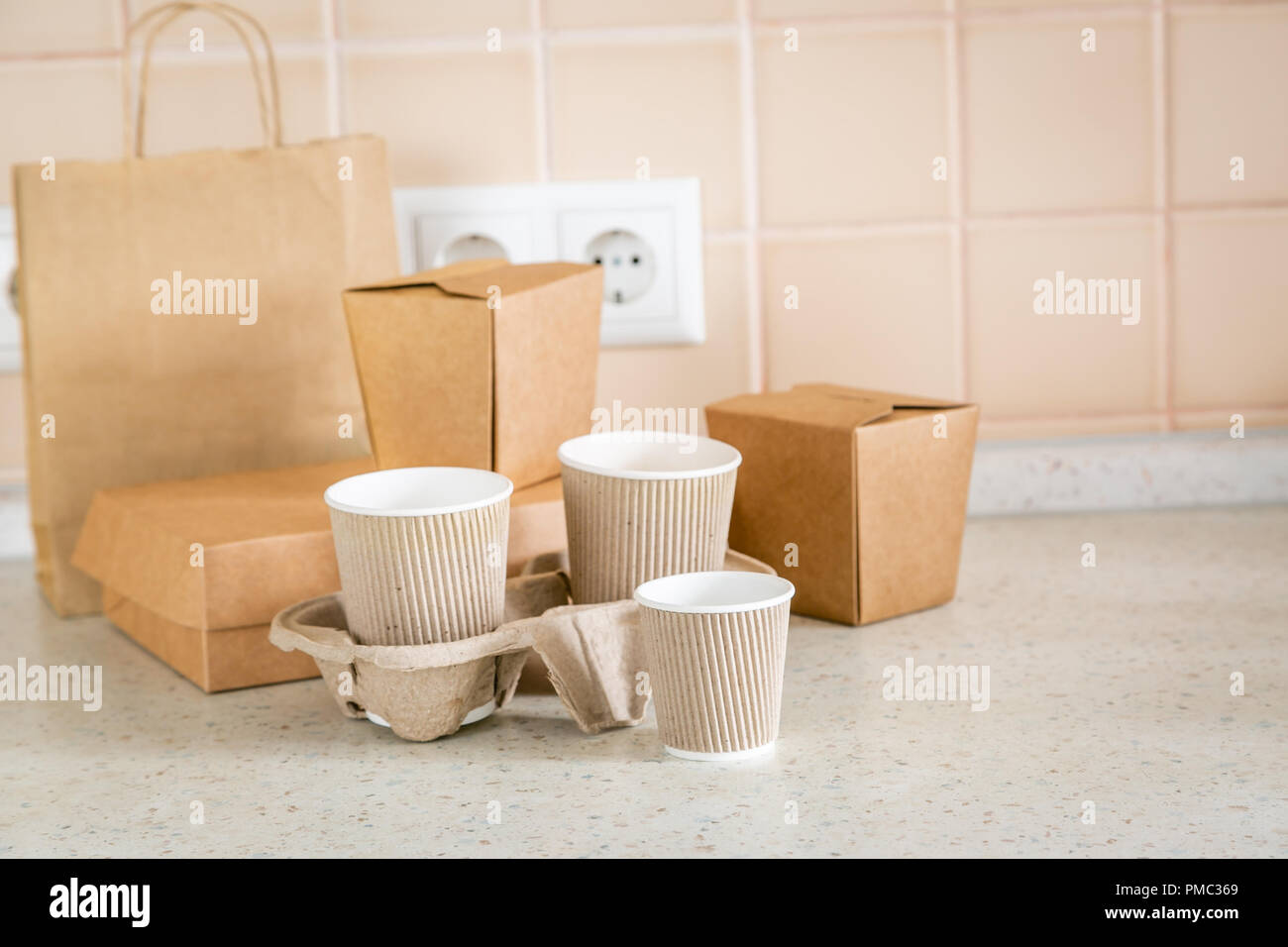 Food and drink craft packaging set on kitchen background Stock Photo ...