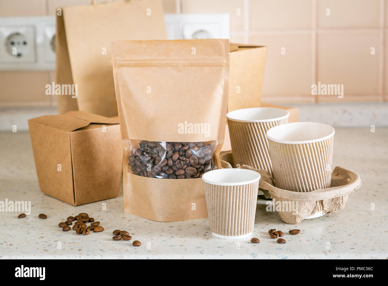 Food and drink craft packaging set on kitchen background Stock Photo ...