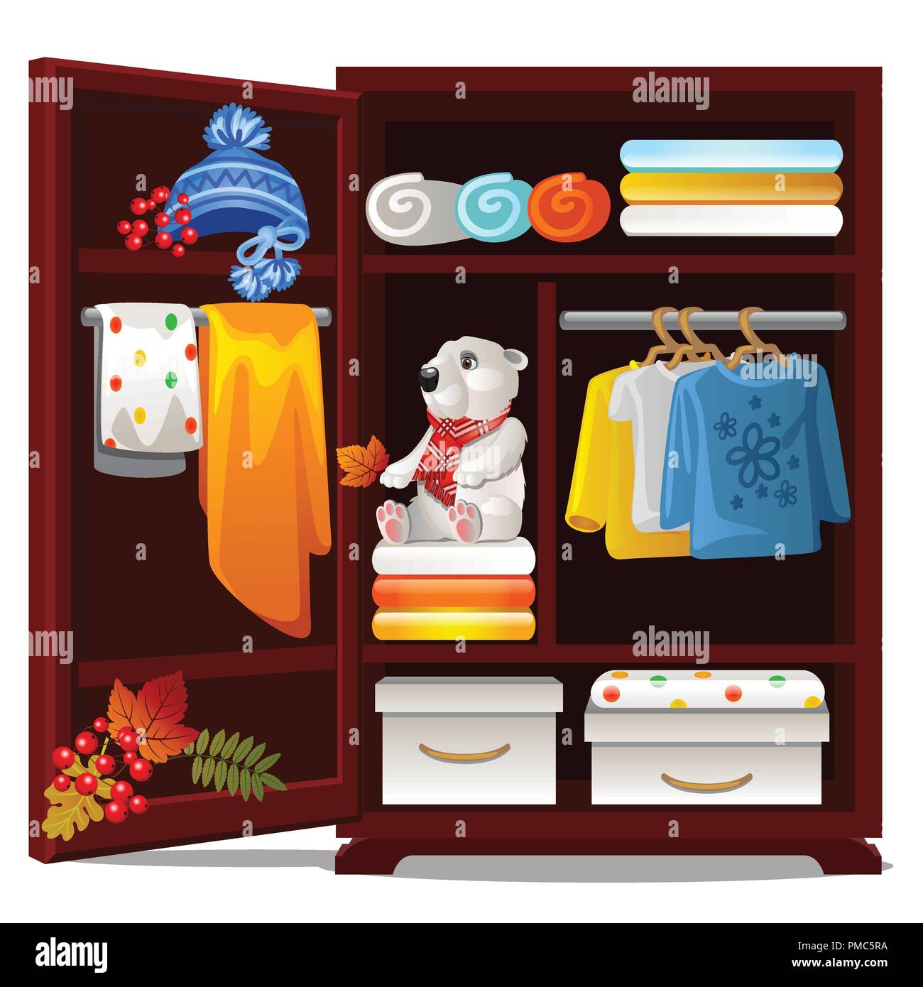 Wooden wardrobe with objects on the autumn theme isolated on white ...