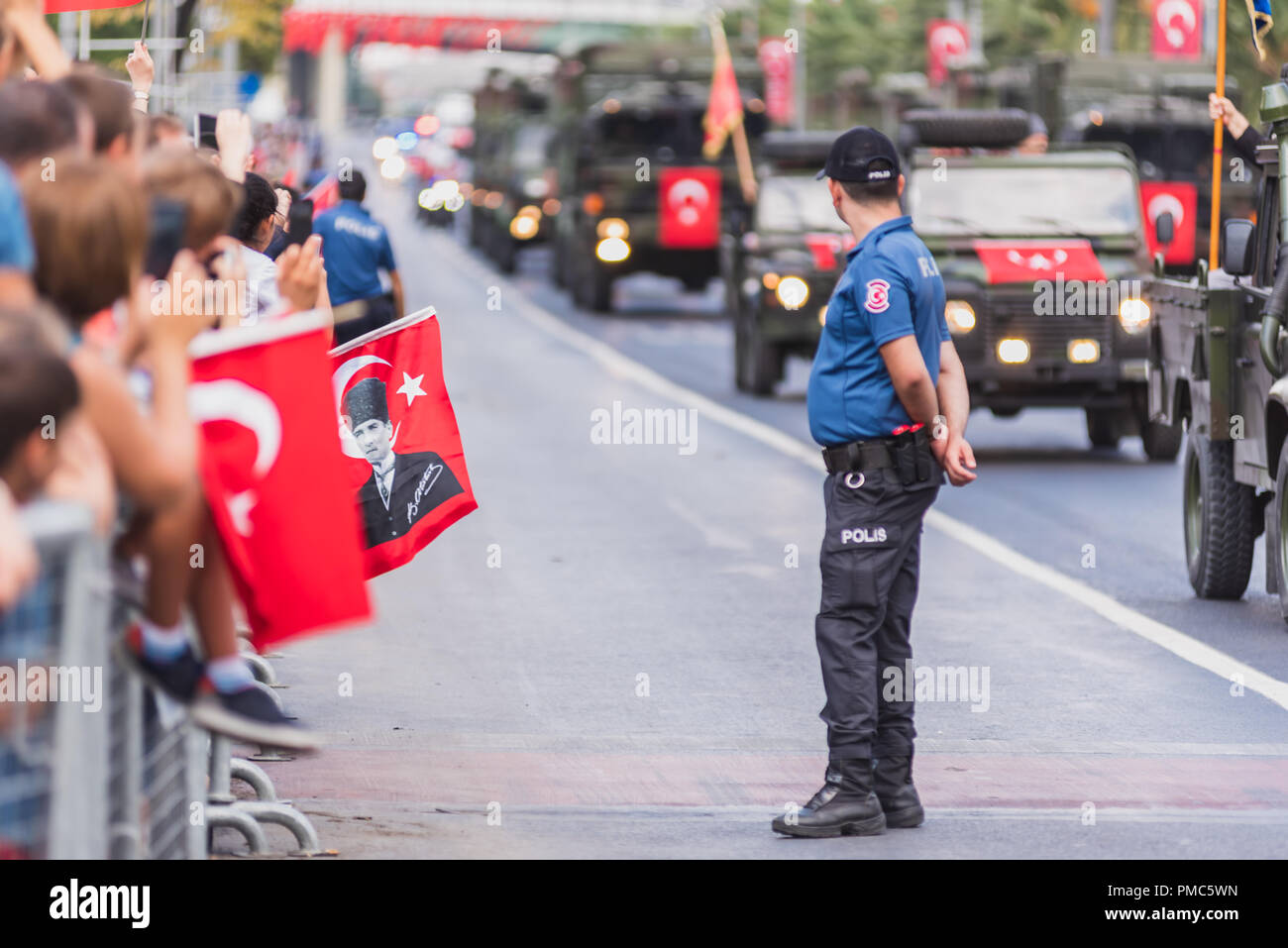 With Turkish flag on foreground,people watch Military parade at Turkish ...