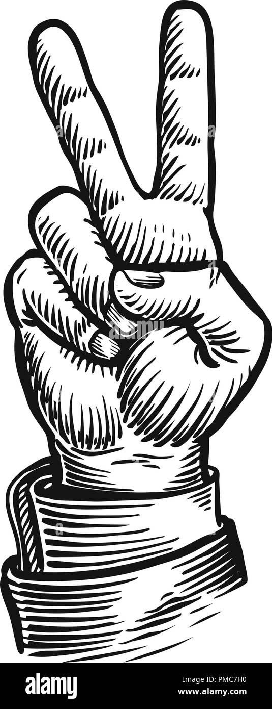 Hand gesture of victory or peace. Success symbol. Sketch vintage vector ...