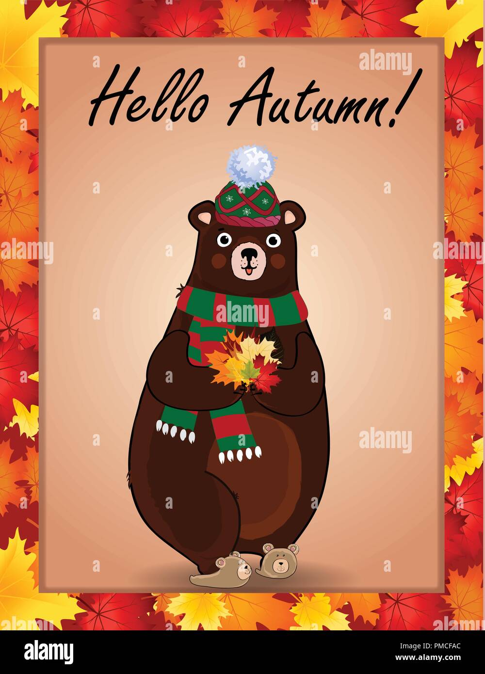 Hello autumn typography design card. Vector cartoon character ...