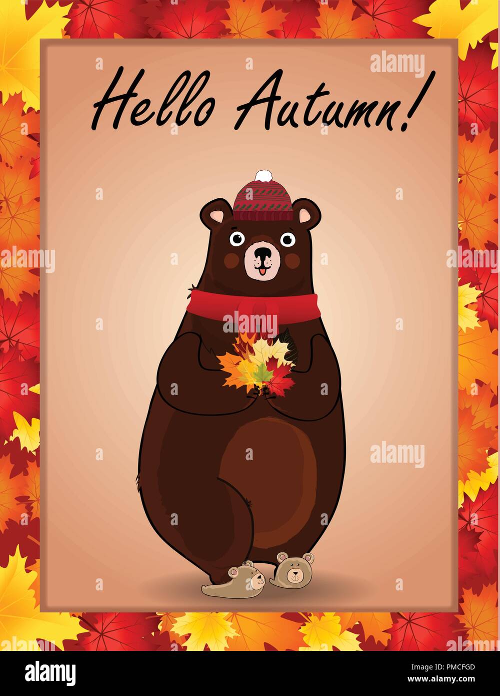 Hello autumn typography design card. Vector cartoon character ...