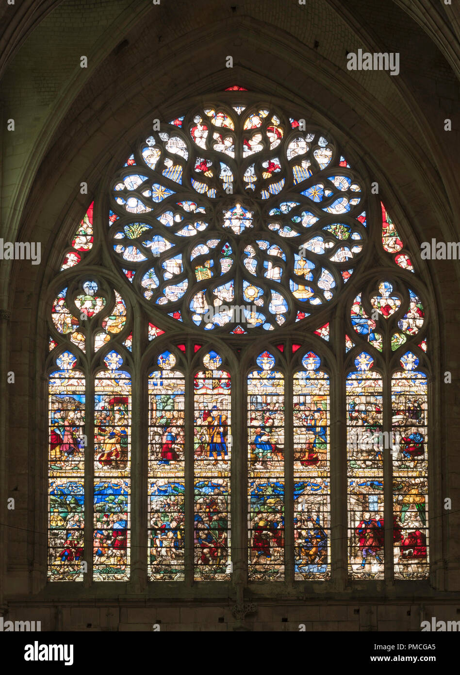 16th century stained glass north rose window by Germain Michel, within ...