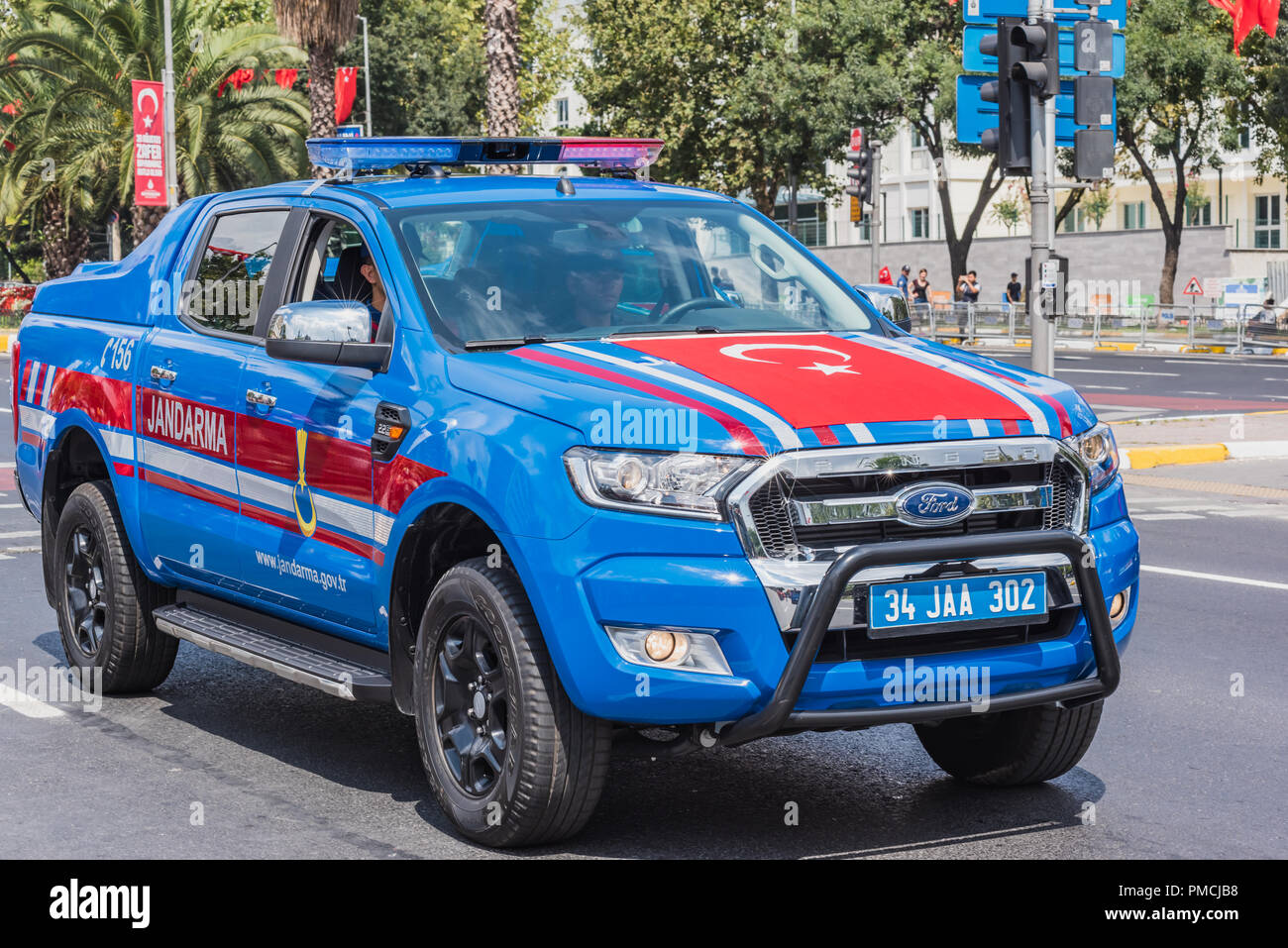 Turkish gendarme cars parade at Turkish 30 August Victory day.Soldiers ...