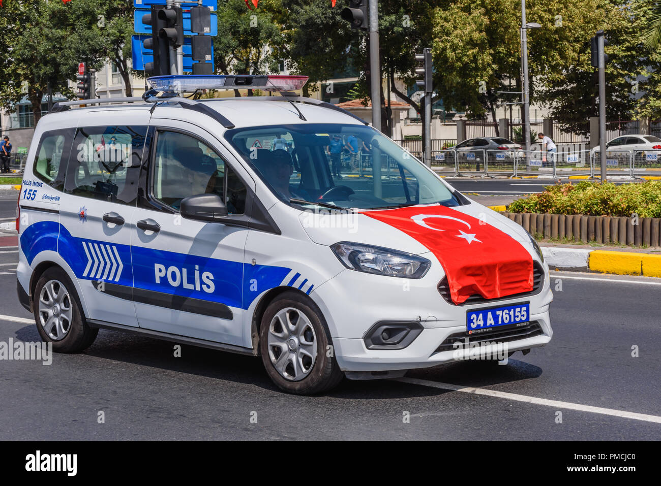 Turkish police cars parade at Turkish 30 August Victory day.Soldiers in ...