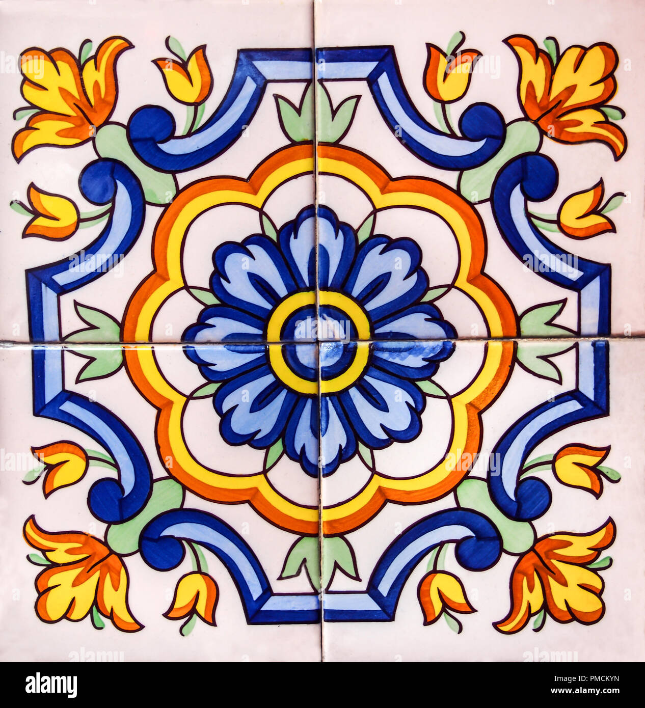 Detail of the traditional tiles from facade of old house. Decorative ...