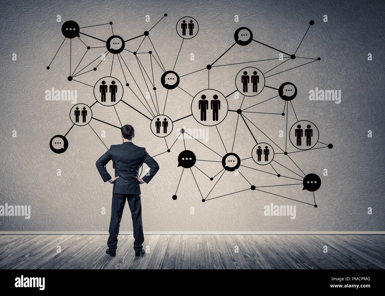 Connection lines drawn on concrete wall as symbol for networking Stock ...