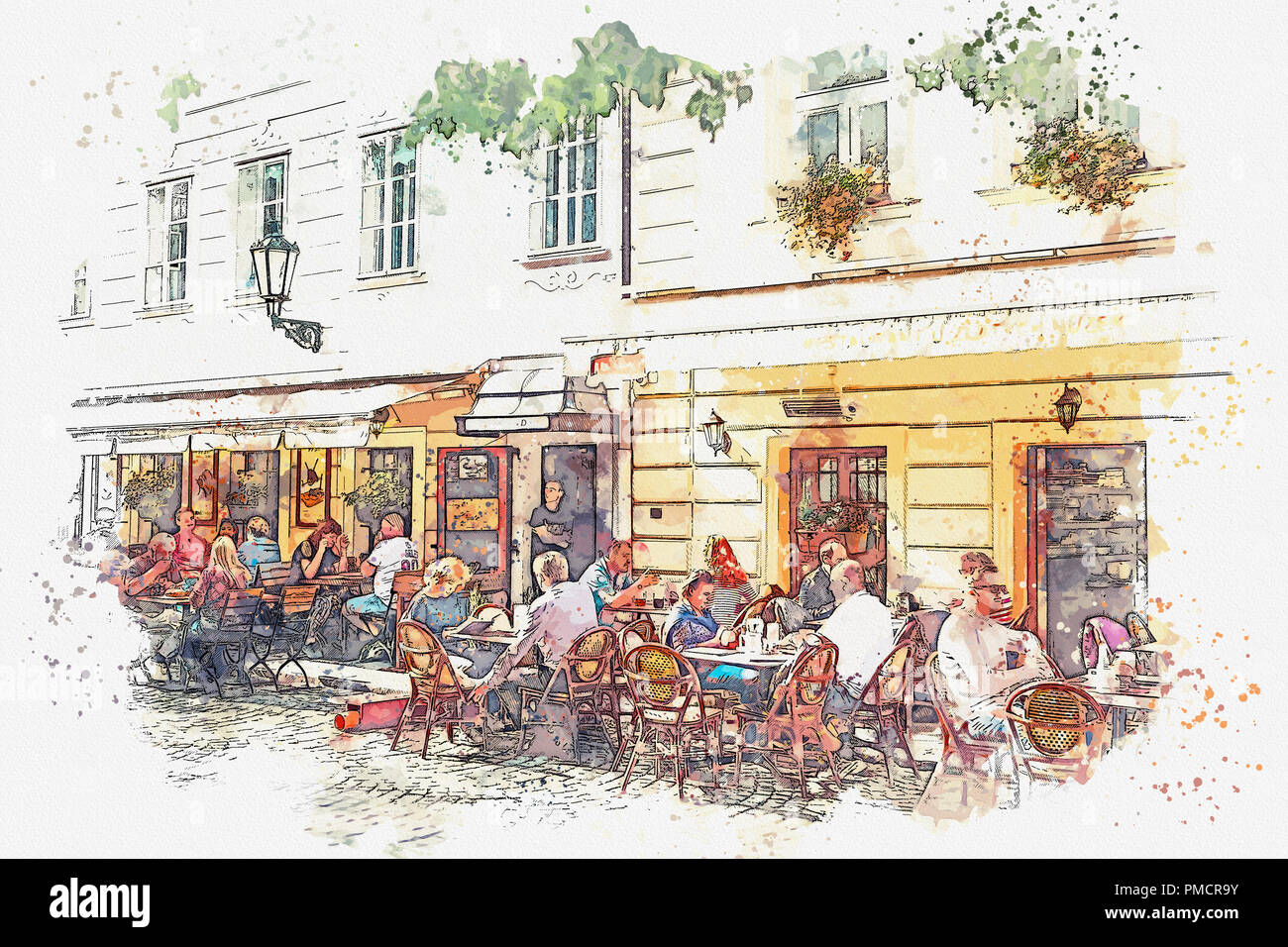 illustration of a street cafe in Prague. People rest together and eat ...