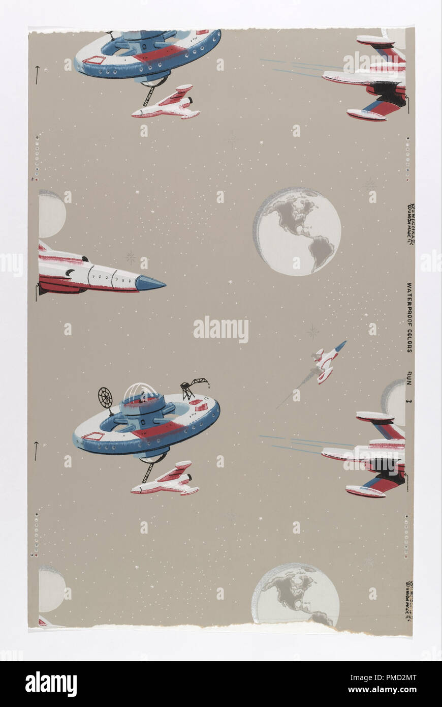 Wallpaper with space stations and rockets. Date/Period: Ca. 1950 ...
