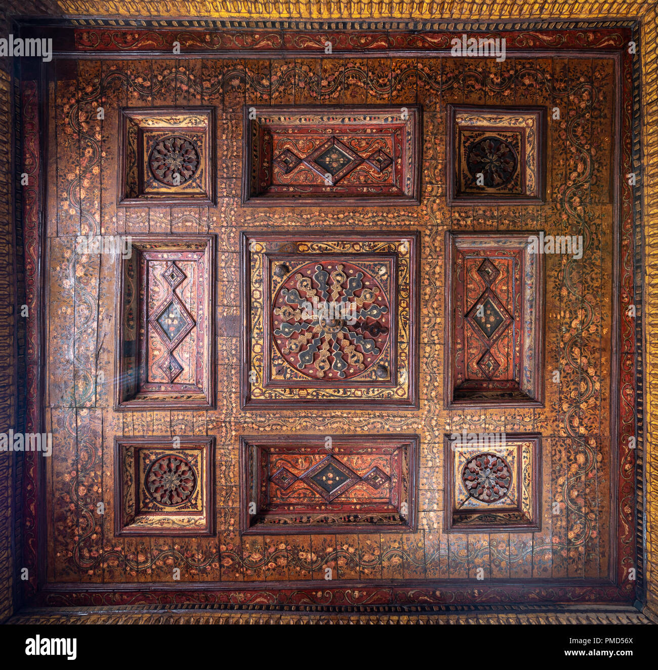 Ottoman era decorated wooden ceiling with golden floral pattern ...