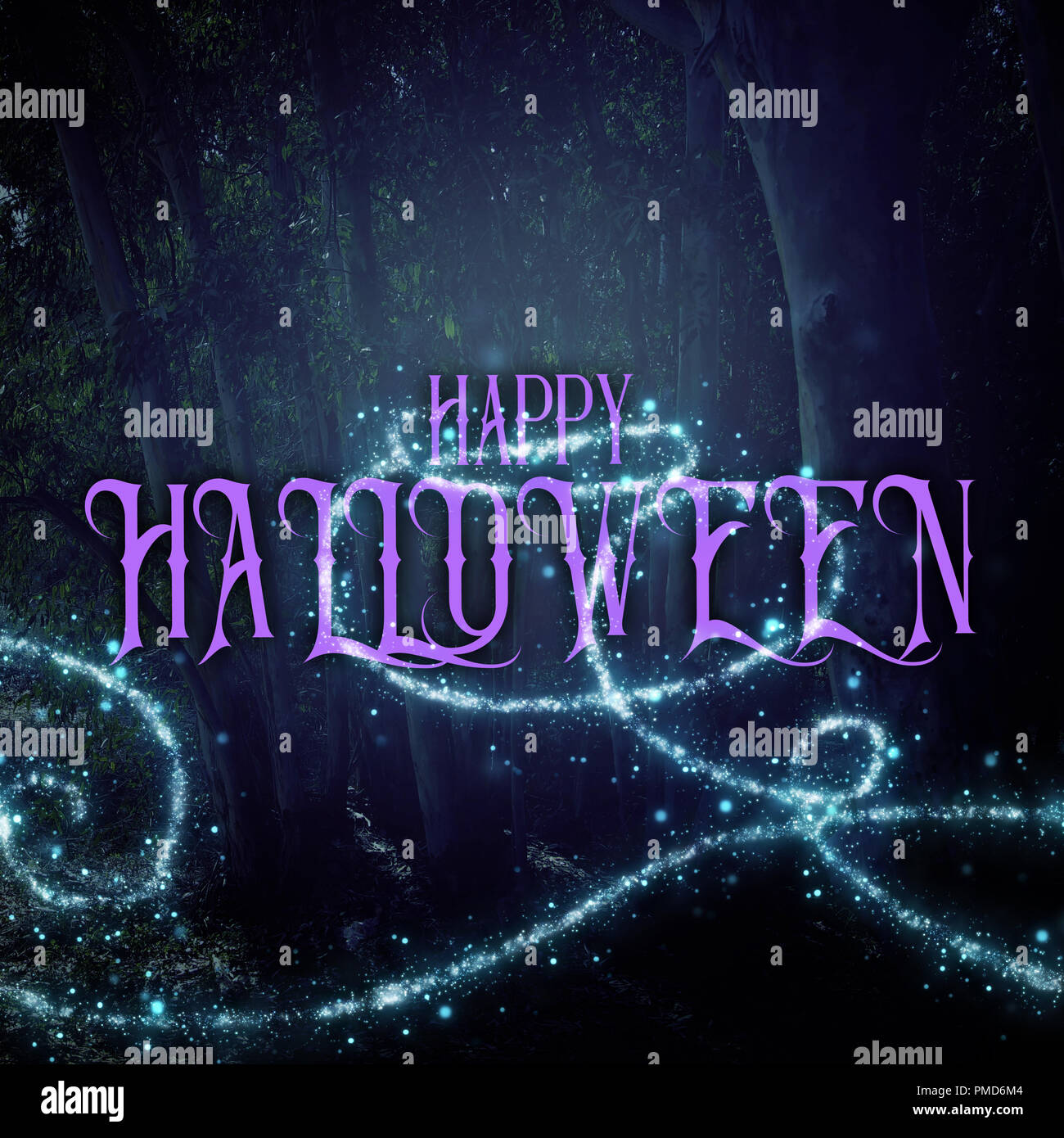 Halloween mysterious background of dark and haunted forest with text ...