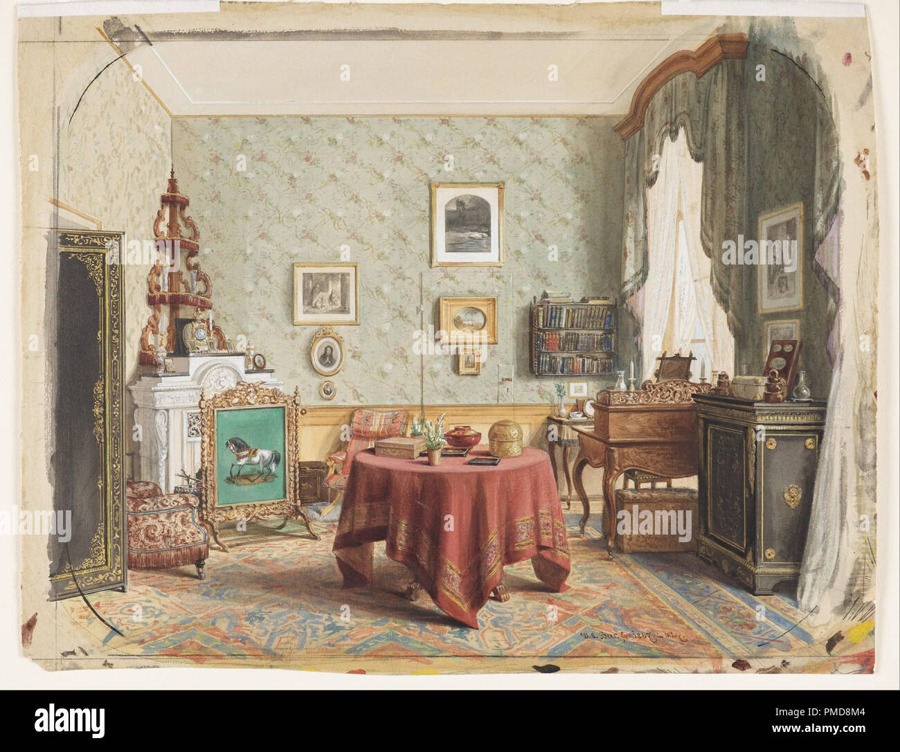 A Sitting Room with a Writing Table. Date/Period: 1867. Drawing. Brush ...