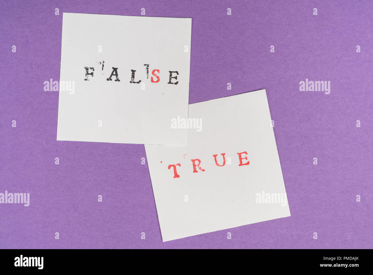 the contrast between the false and true words printed on two sheets of ...