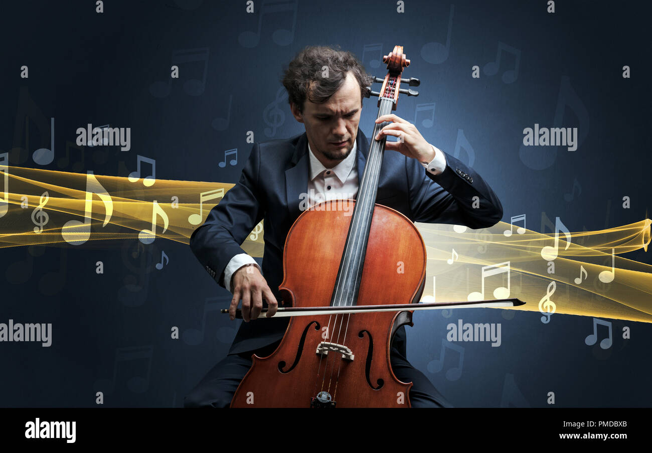 Young male musician playing on his cello with musical notes around ...