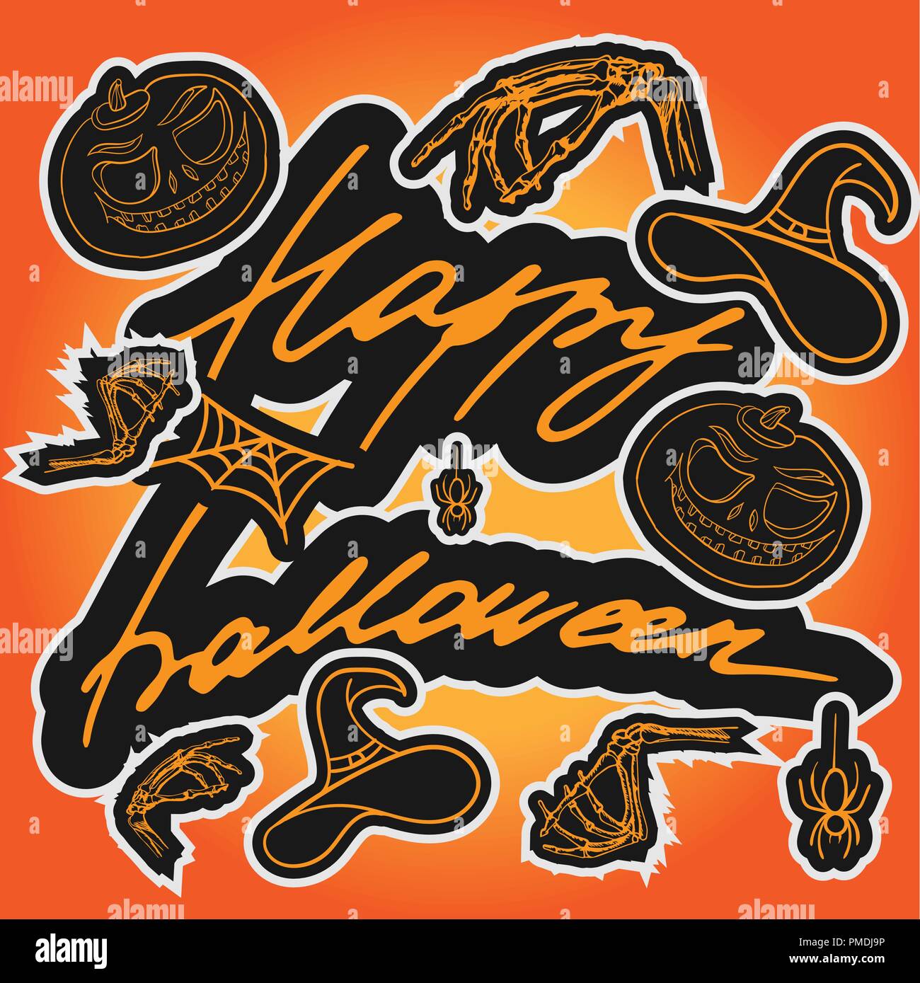 The inscription of Happy Halloween. Cartoon background. Pumpkin, spider ...