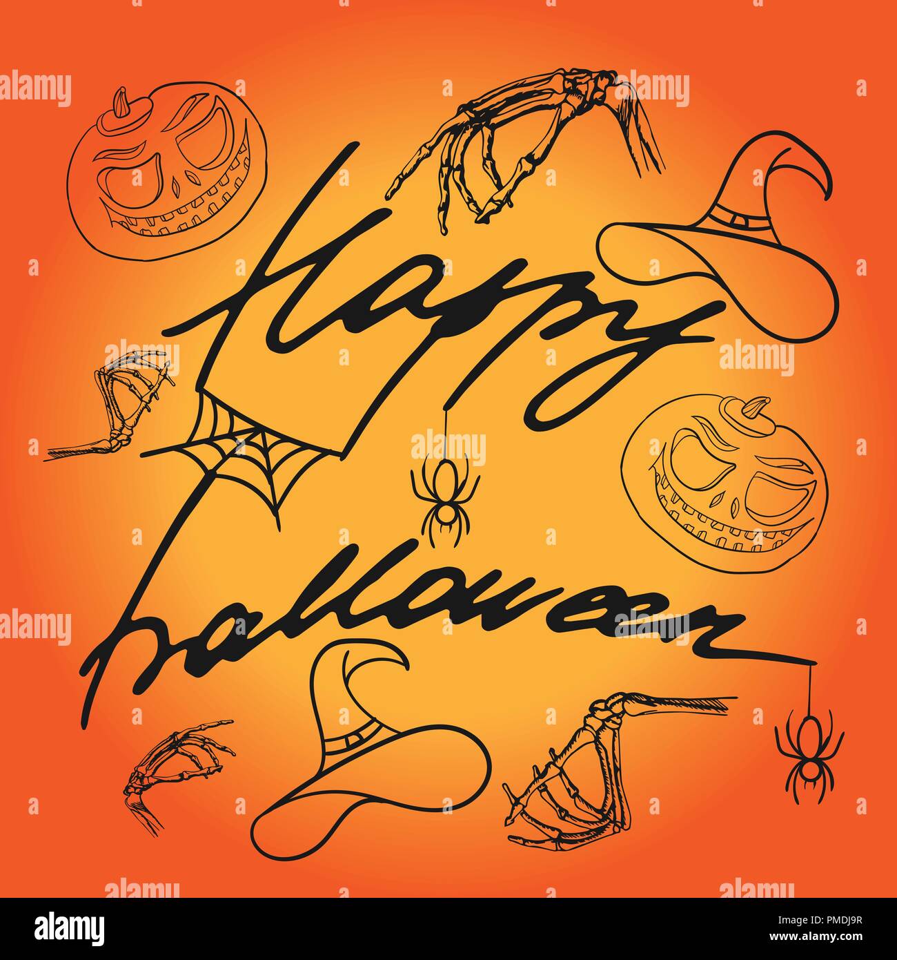 Inscription of Happy Halloween. Cartoon background. Pumpkin, spider ...