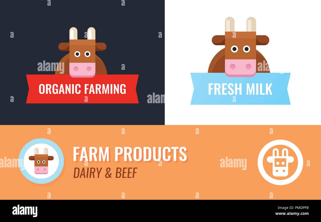 Label for Cow Farm. Cartoon Cow Mascot with Captions on different ...