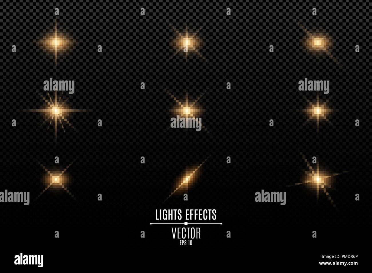 Collection of flashes, lights and sparks. Optical flares. Abstract ...