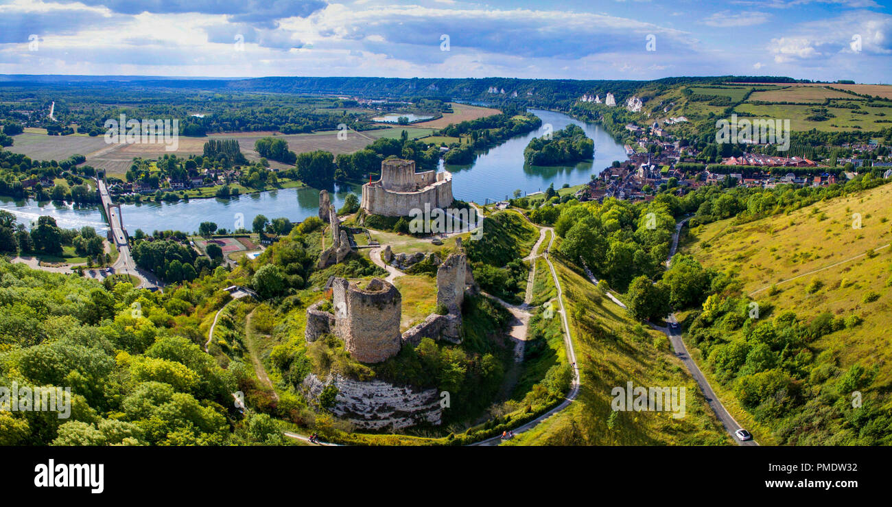 Aerial view of the medieval castle Chateau-Gaillard overlooking the River Seine in Les Andelys ...