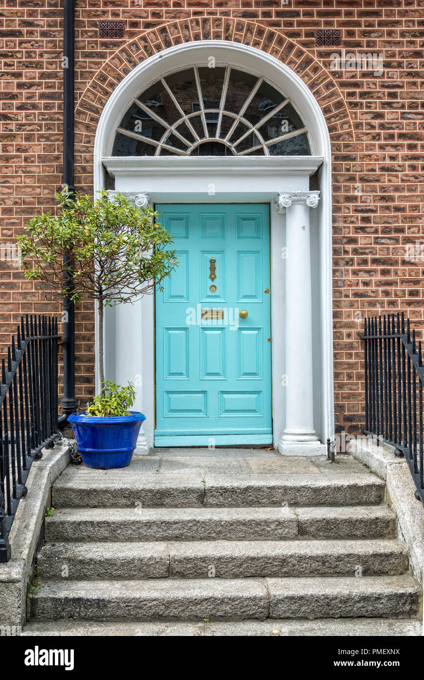 Blue classic door in Dublin, example of georgian typical architecture ...