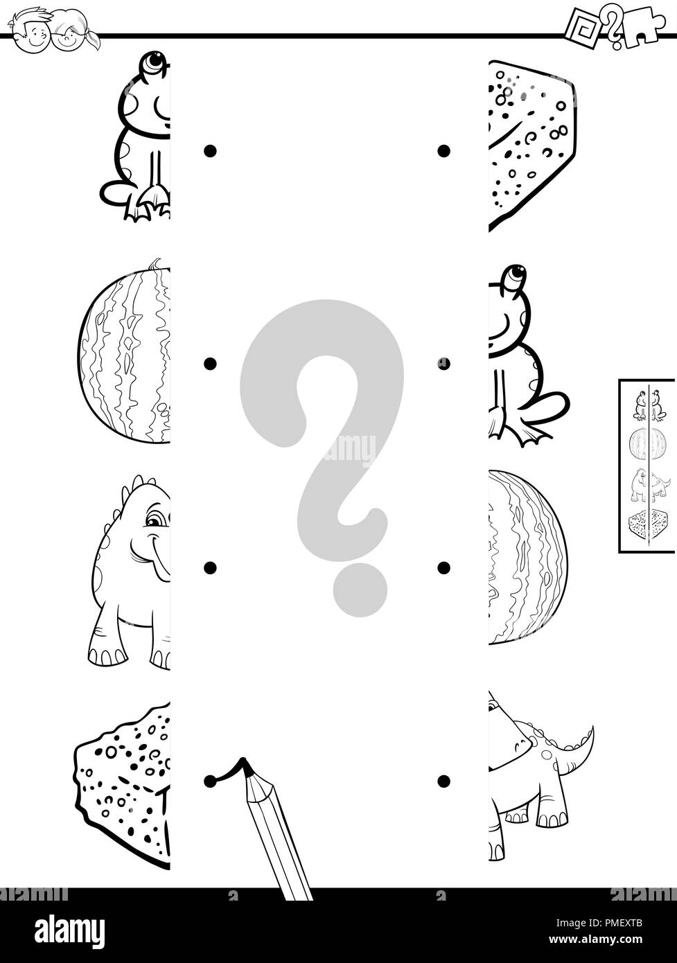 Black and White Cartoon Illustration of Educational Game of Matching ...