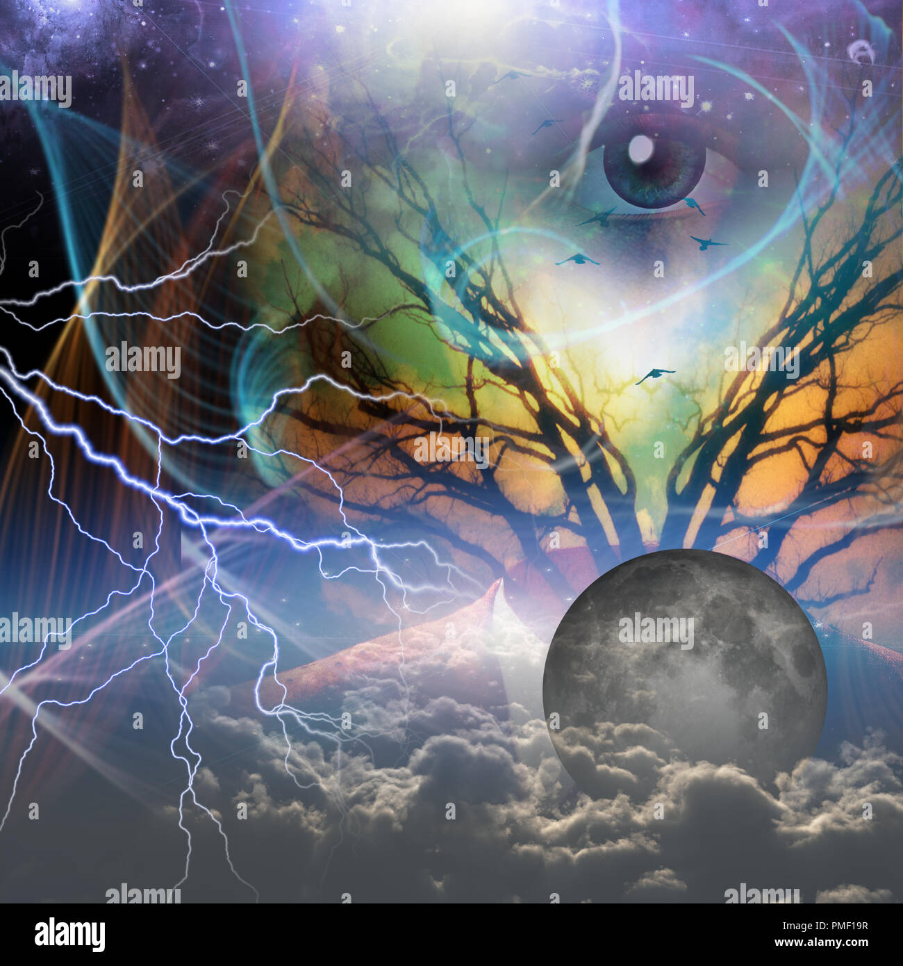 Surrealism. God's eye, moon and clouds. Suit and branches of a tree ...