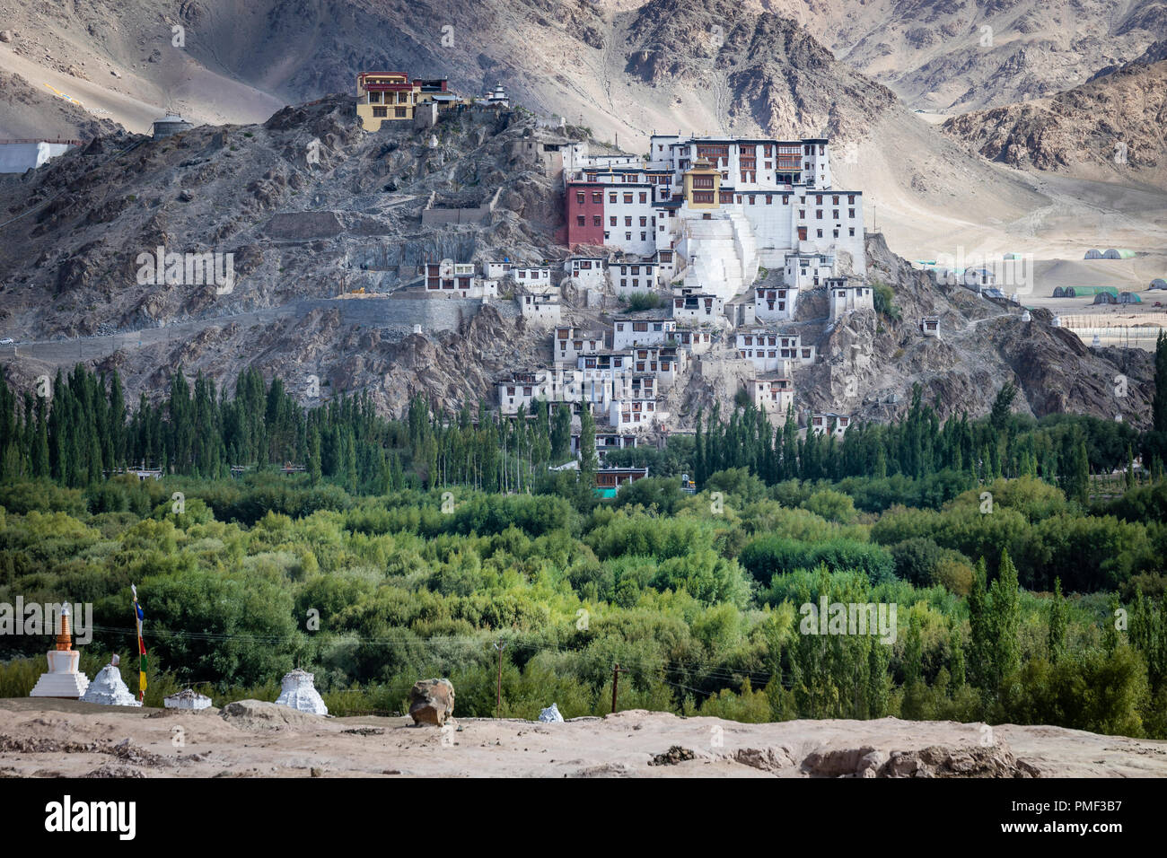 View of the Spituk monastery against backdrop of mountains in Ladakh ...