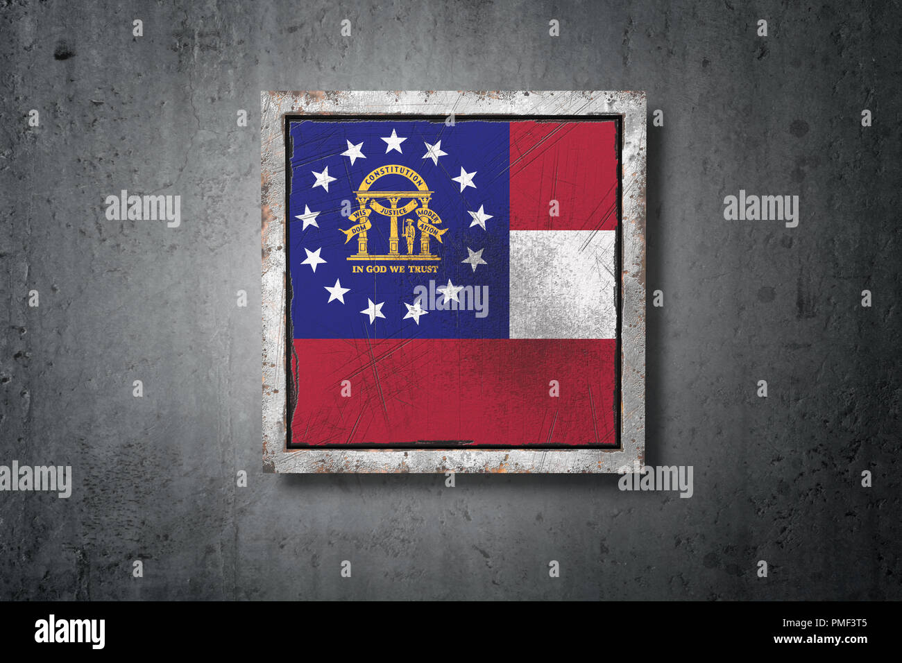 3d rendering of an old Georgia American State flag in a concrete wall ...