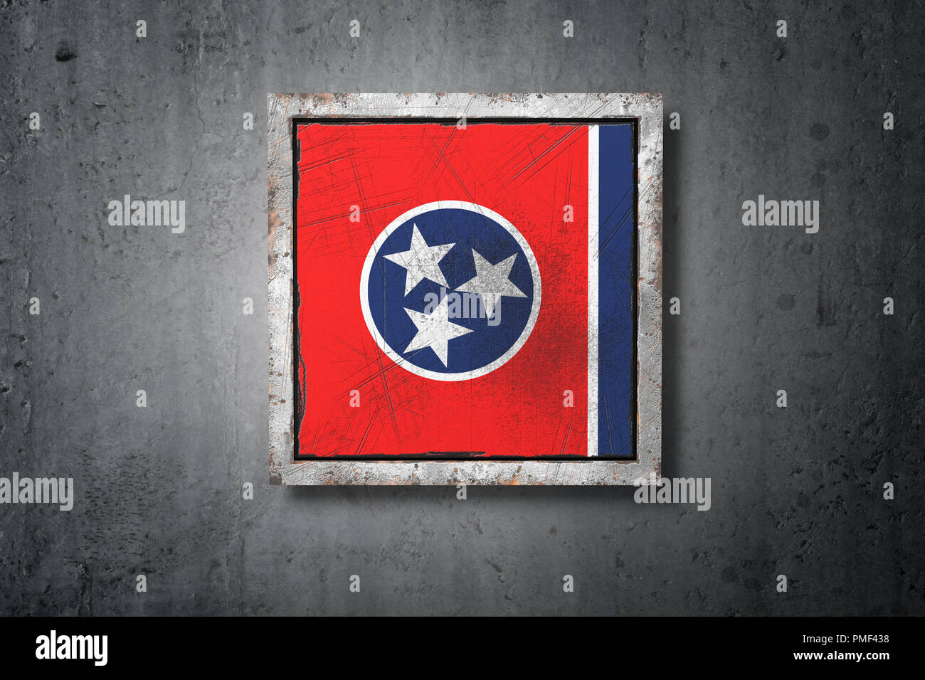 3d rendering of an old Tennessee American State flag in a concrete wall ...