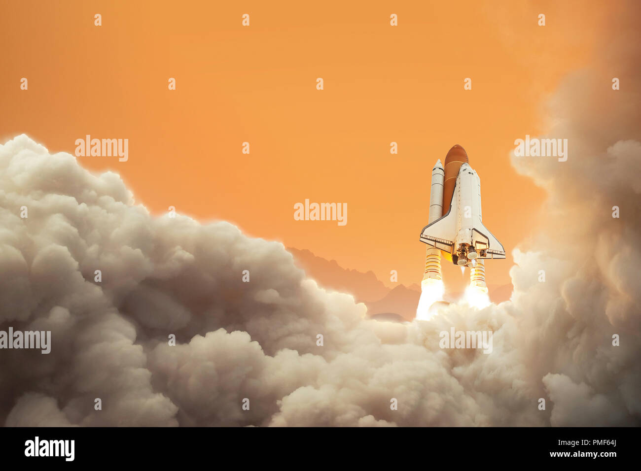 Spaceship on the planet Mars. Rocket takes off on Mars. Space shuttle ...