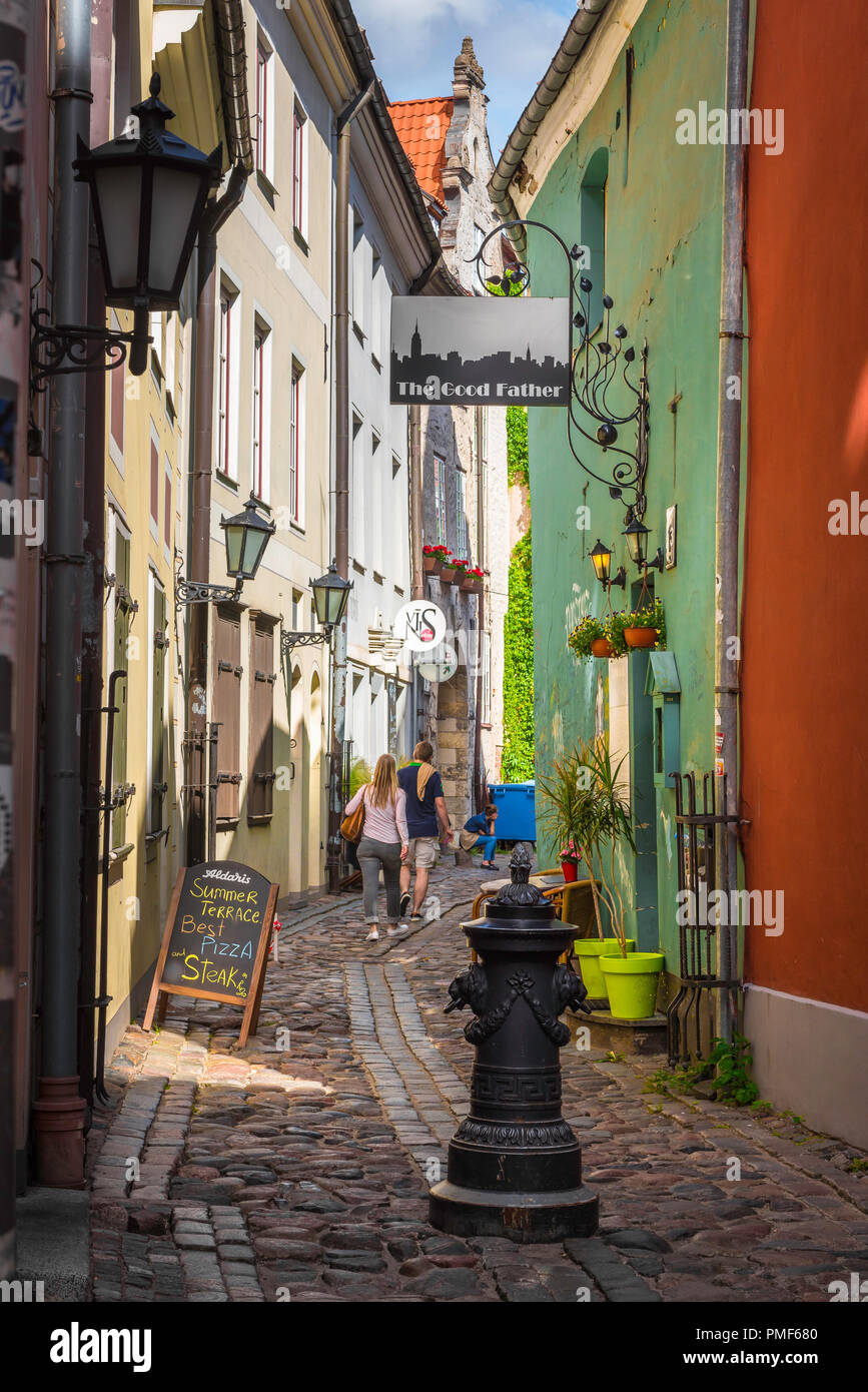 Old Riga Latvia, view of Troksnu Iela - the oldest and narrowest street ...