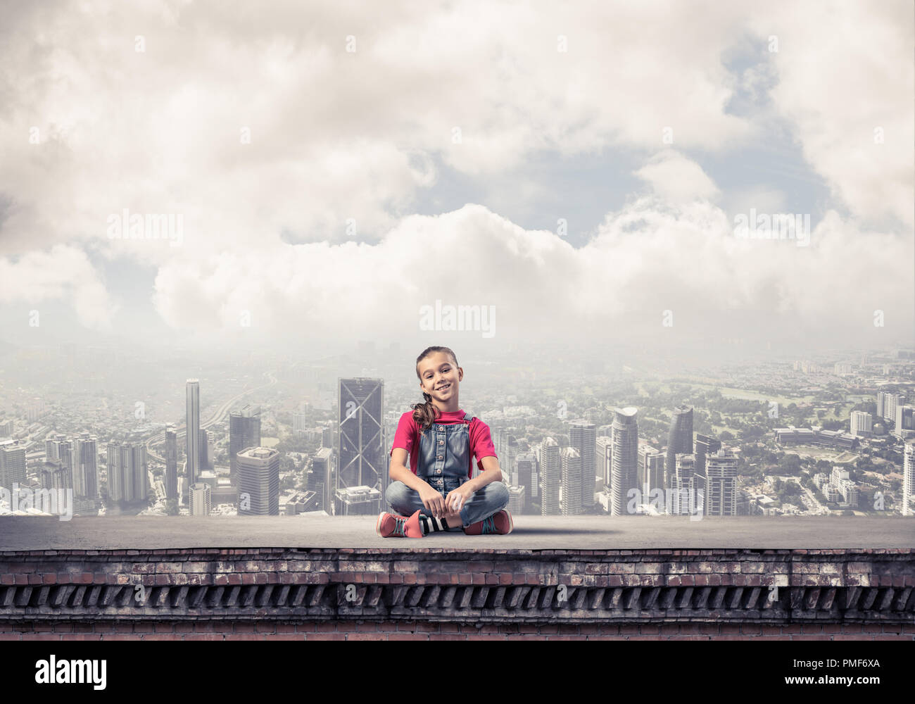 Concept of careless happy childhood with girl of school age smil Stock ...