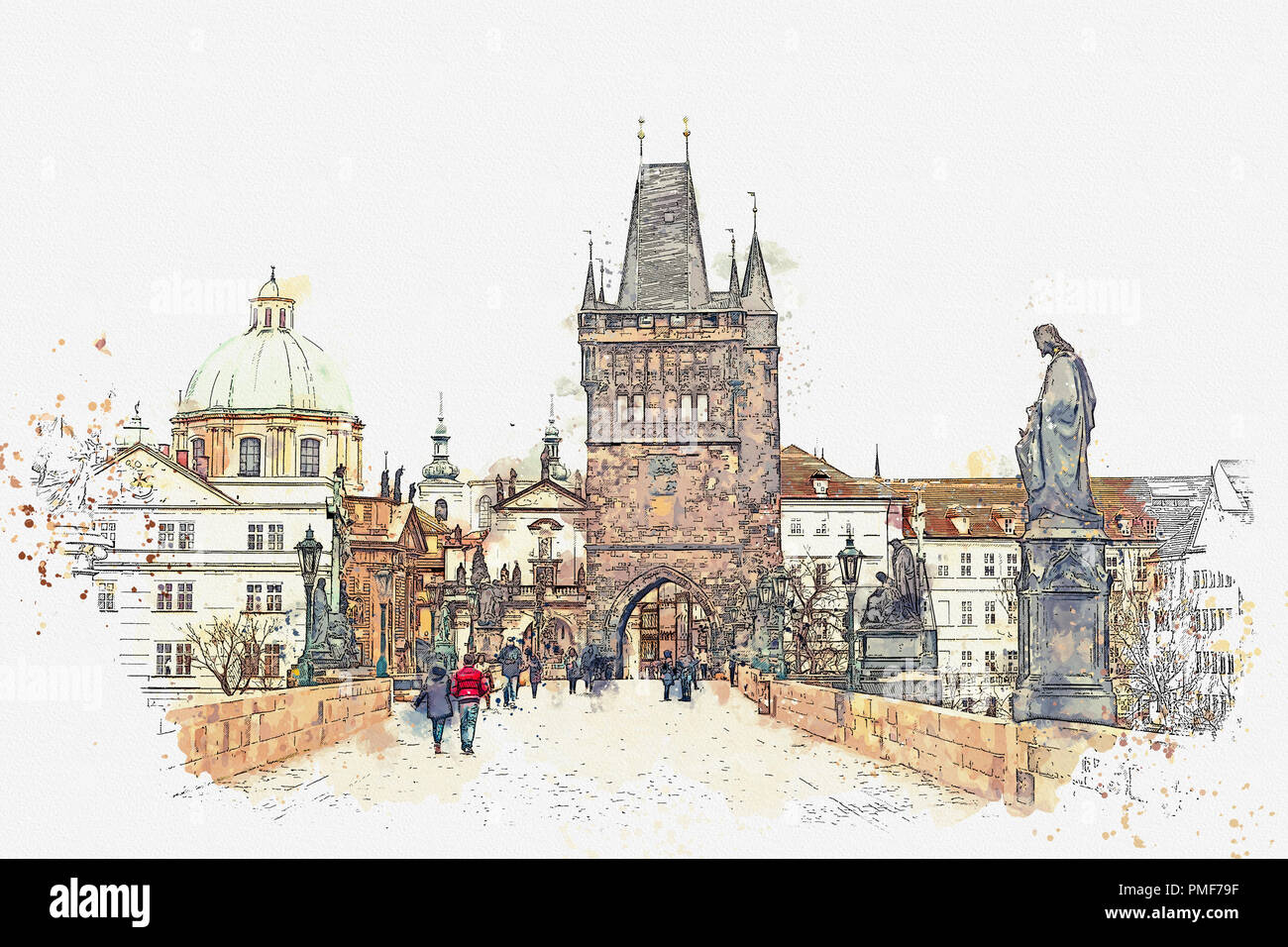 illustration Charles Bridge in Prague in the Czech Republic Stock Photo ...